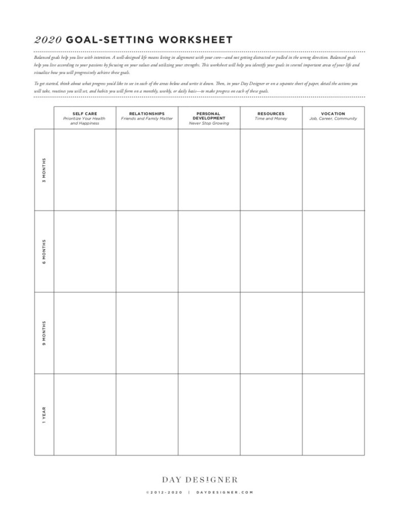 2020 Goal Setting Worksheet Free Printable - Worksheets Template Free