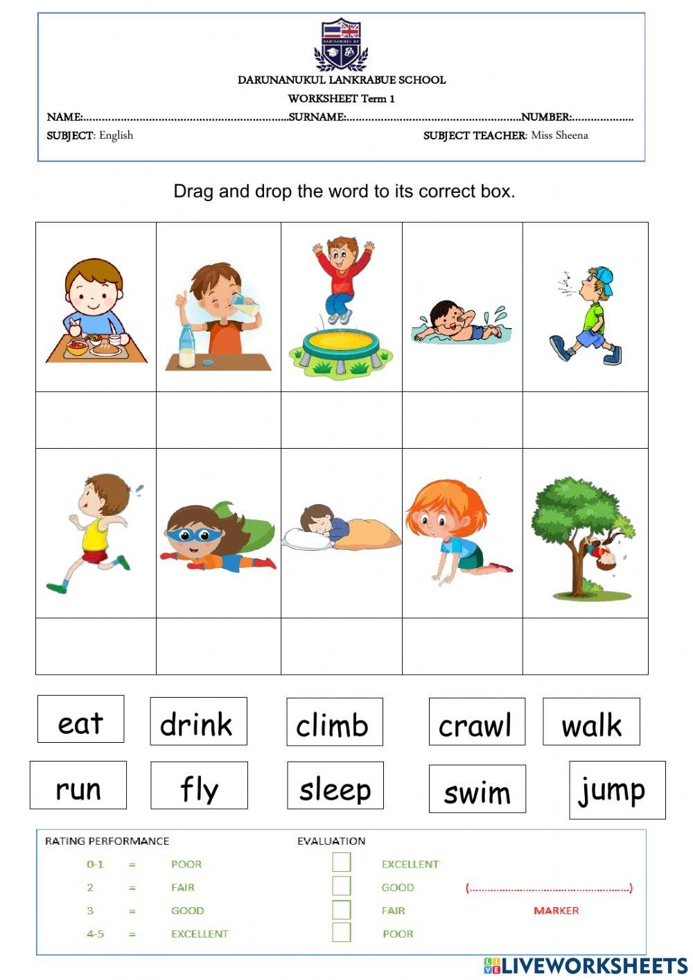 Free Action Words Worksheets For Kindergarten - Worksheets Template Free