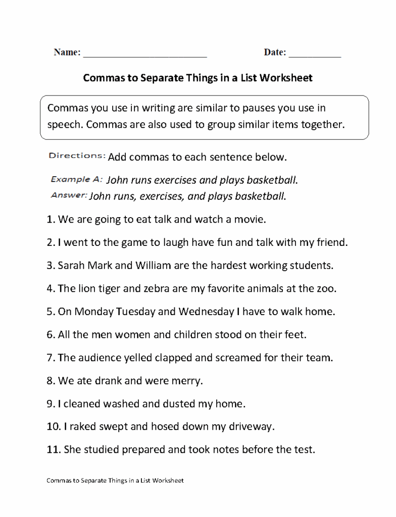 Free Printable Comma Worksheets 4th Grade - Worksheets Template Free