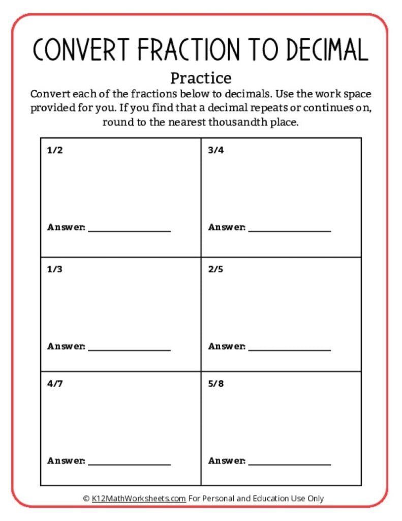 Fractions To Decimals Free Printable Worksheets - Worksheets Template Free