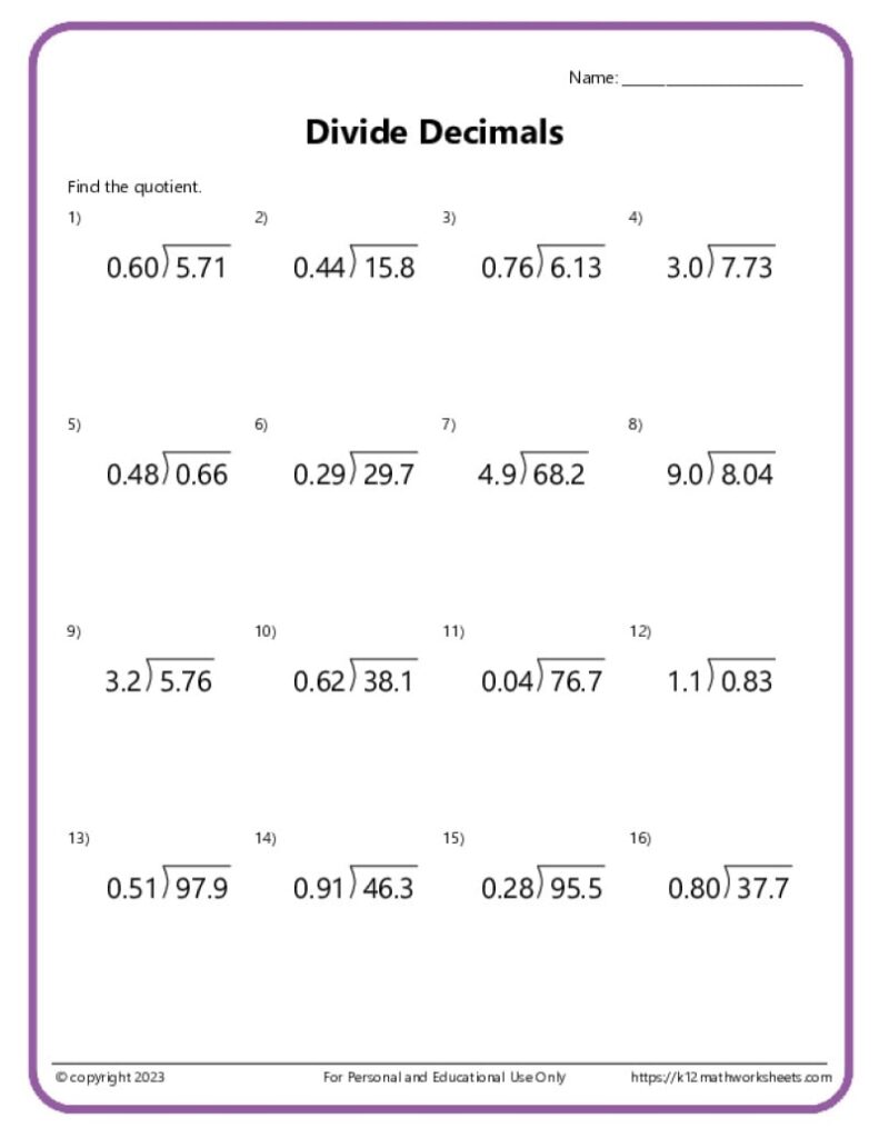 Free Printable Dividing Decimals Worksheet - Worksheets Template Free