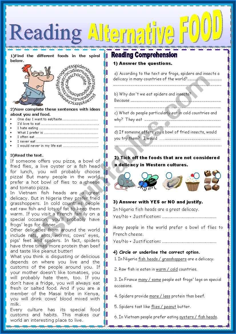 Esl Food Reading Comprehension Worksheets - Worksheets Template Free