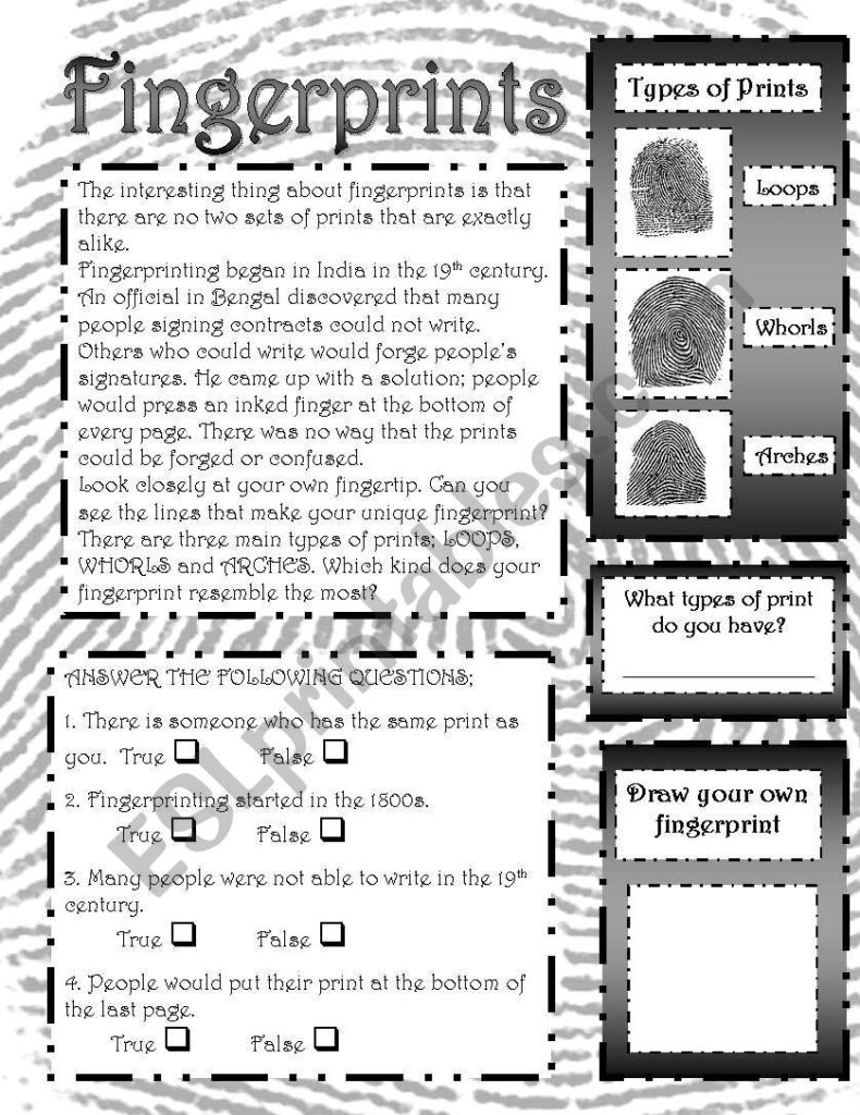 Fingerprint Reading Comprehension Worksheet - Worksheets Template Free