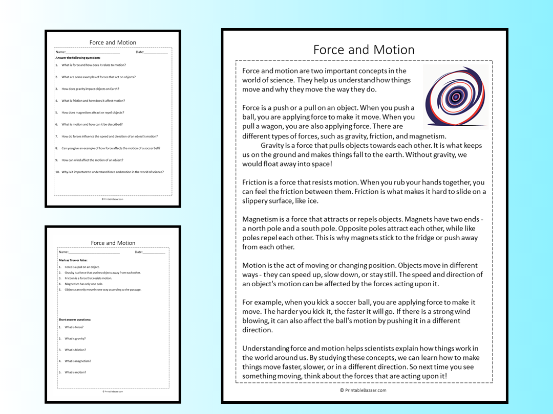 Force And Motion Reading Comprehension Worksheet - Worksheets Template Free