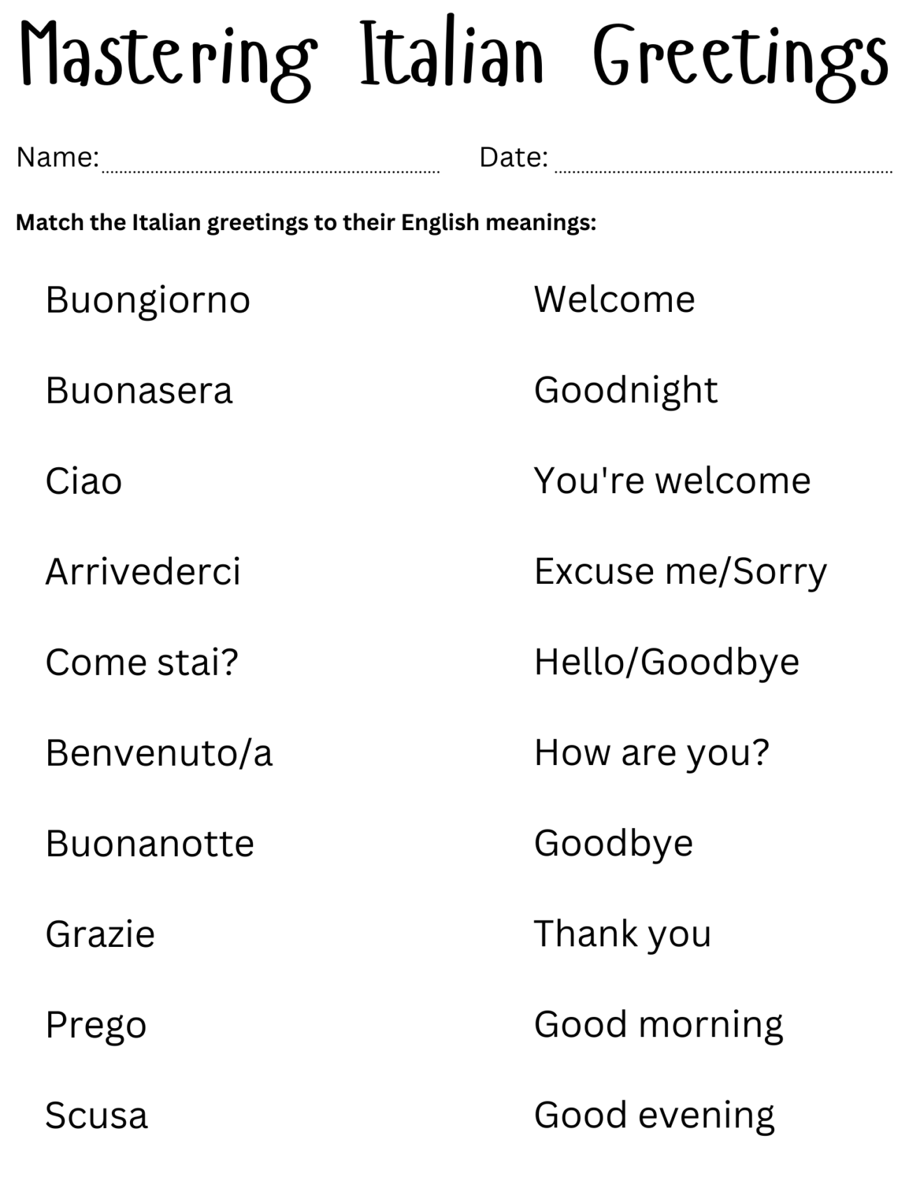 Free Printable Italian Greetings Worksheets - Worksheets Template Free