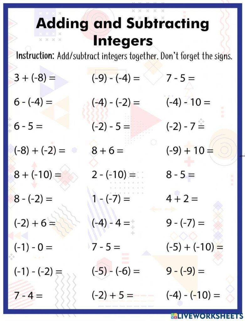 Free Printable Addition Subtraction Integers Worksheets - Worksheets ...