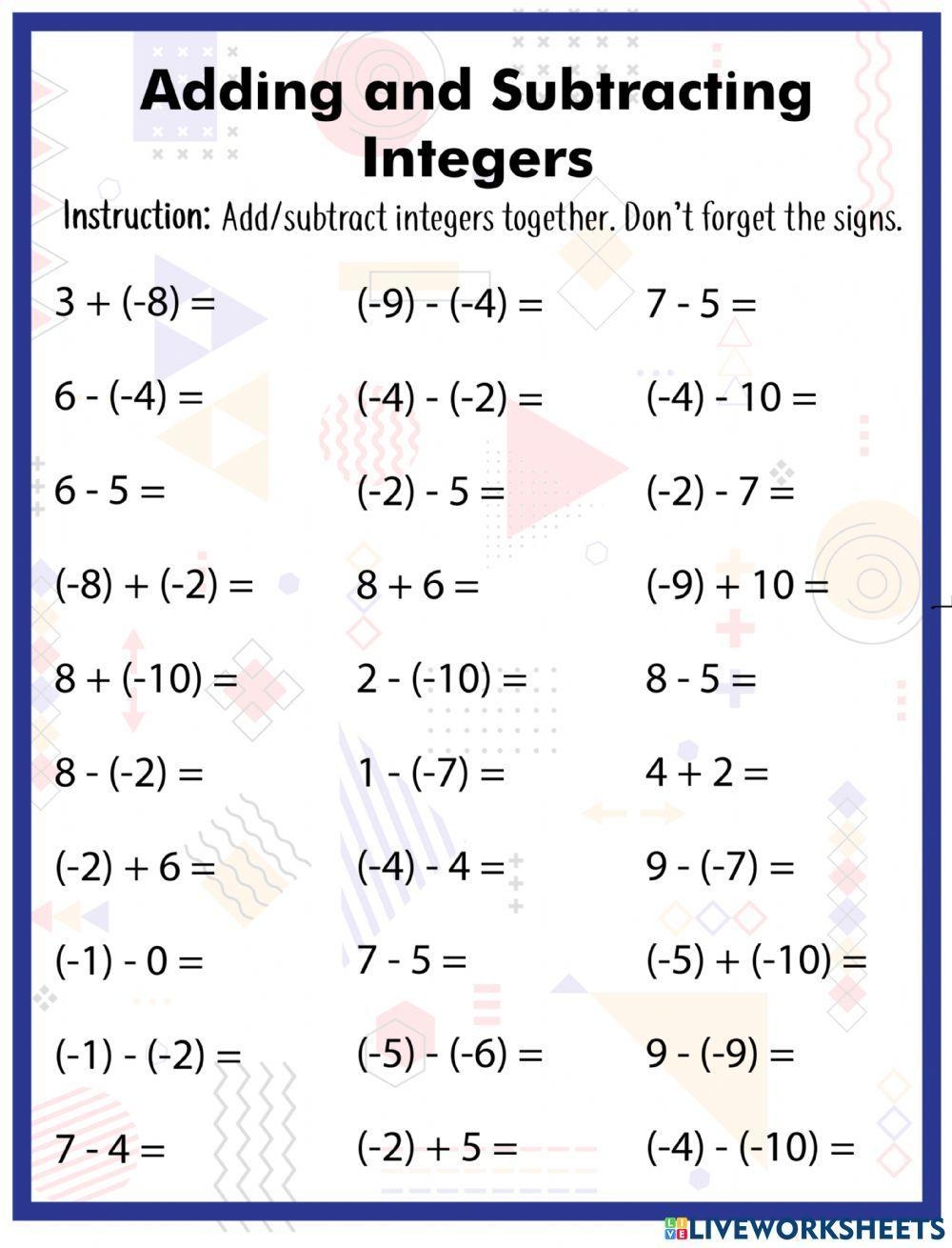 Free Printable Addition Subtraction Integers Worksheets - Worksheets ...