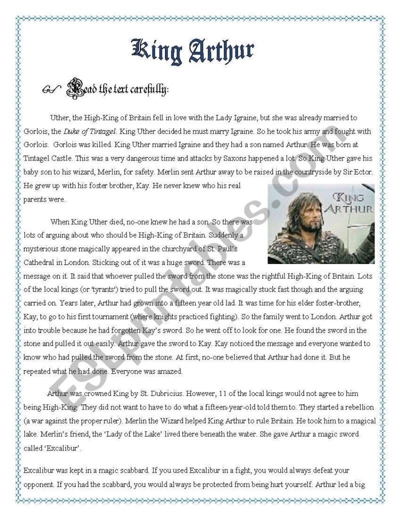 King Arthur Reading Comprehension Worksheets - Worksheets Template Free