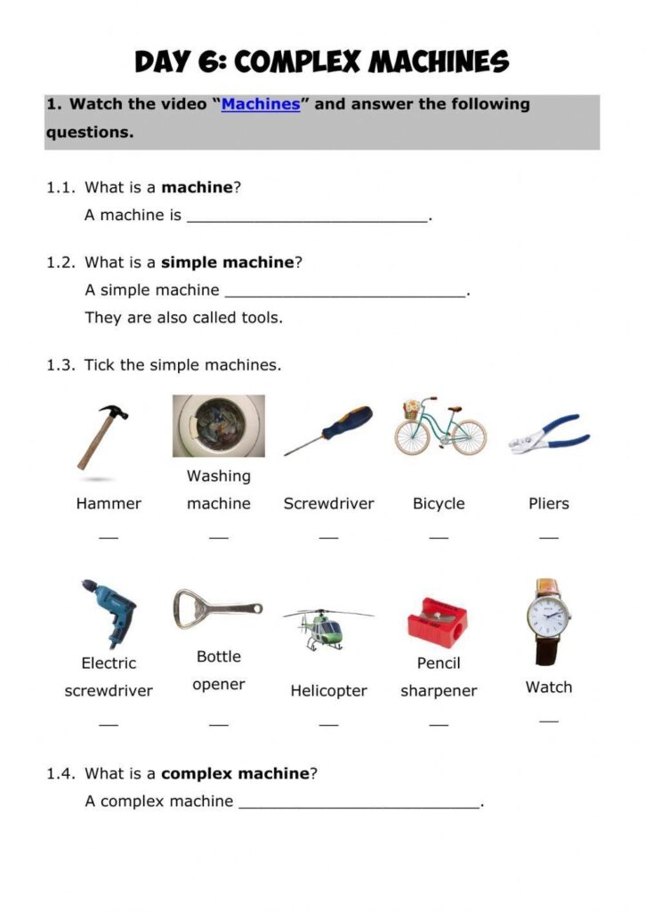 Free Printable Complex Machines Worksheet - Worksheets Template Free
