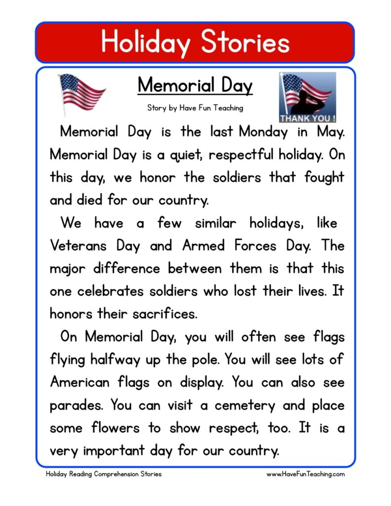 Free Memorial Day Reading Comprehension Worksheets - Worksheets ...