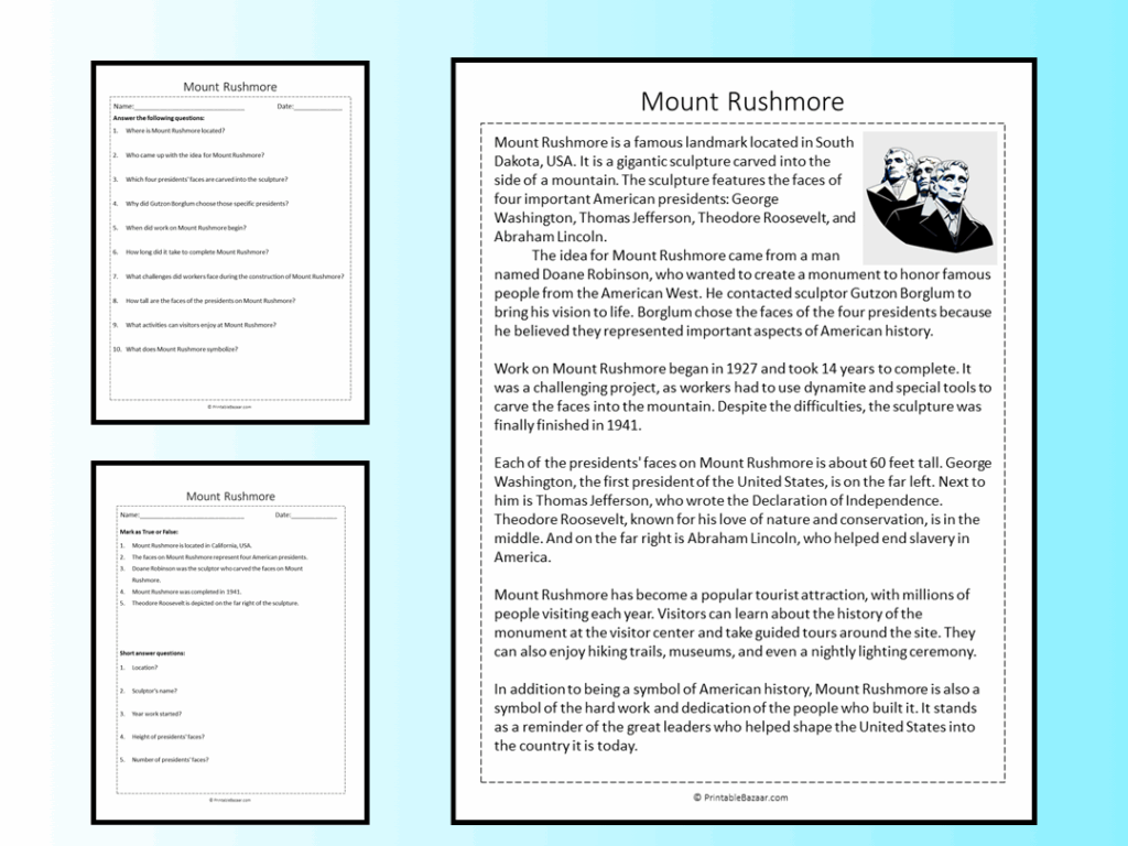 Reading Comprehension Worksheets On Mount Rushmore - Worksheets ...