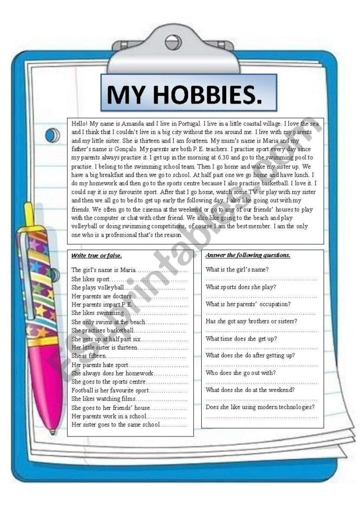 Hobbies Reading Comprehension Worksheets Pdf - Worksheets Template Free