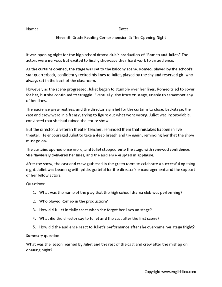 Reading Comprehension Worksheets 11th Grade - Worksheets Template Free