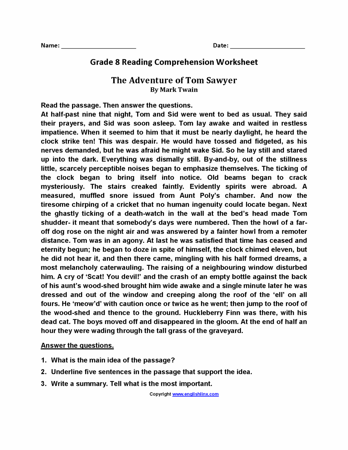8th Grade Reading Worksheets Free Printable - Worksheets Template Free