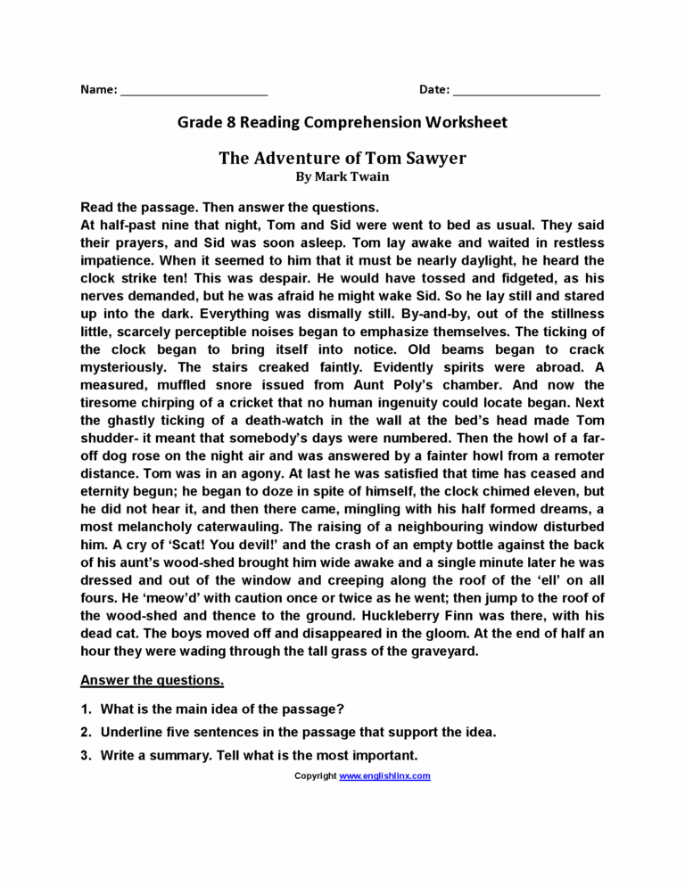 8th Grade Reading Worksheets Free Printable - Worksheets Template Free