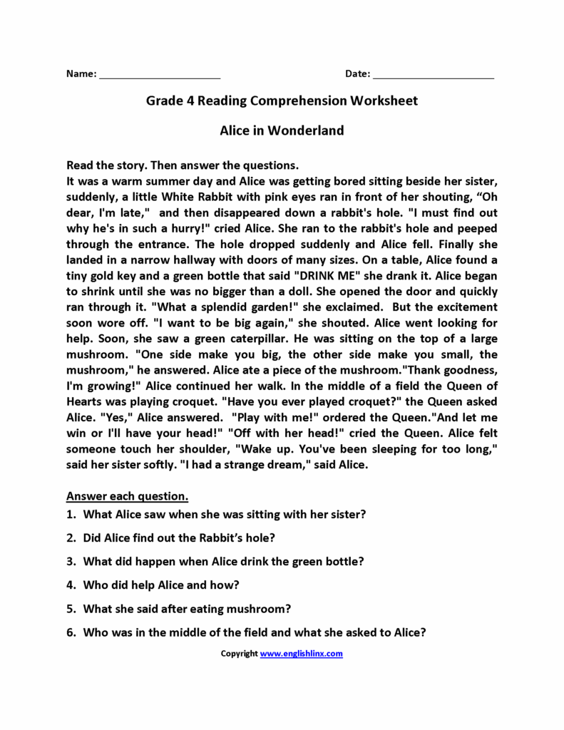 Fourth Grade Worksheets Reading Comprehension - Worksheets Template Free