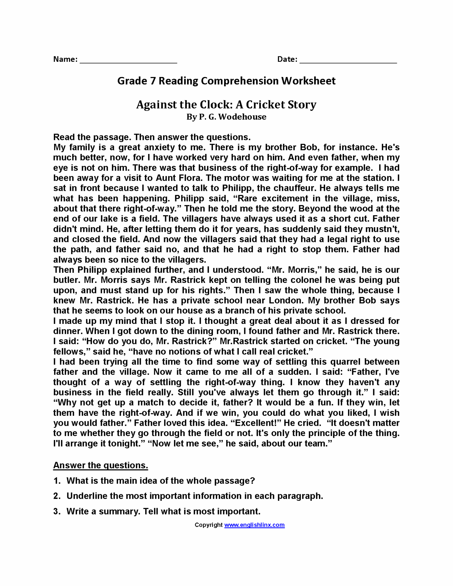 Free Reading Comprehension Worksheets Grade 7 - Worksheets Template Free