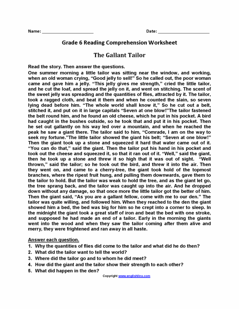 Reading Comprehension Worksheet For Grade 6 - Worksheets Template Free