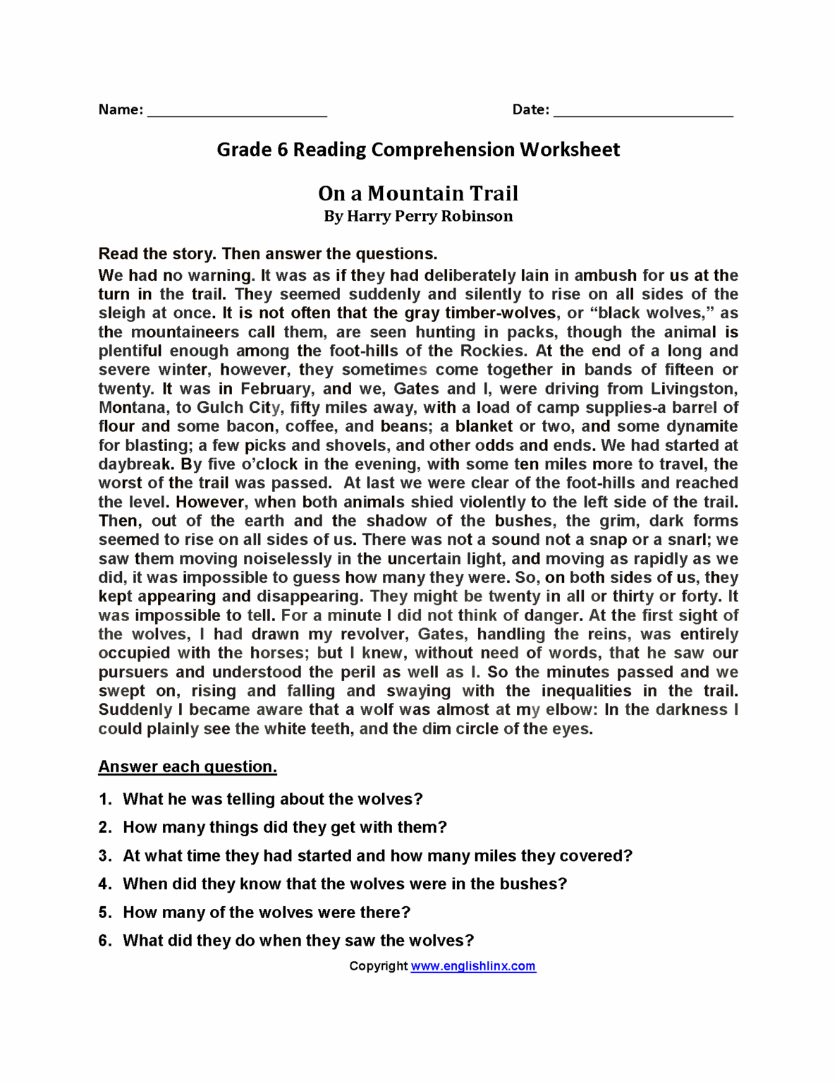 6th Grade Reading Free Printable Worksheets - Worksheets Template Free