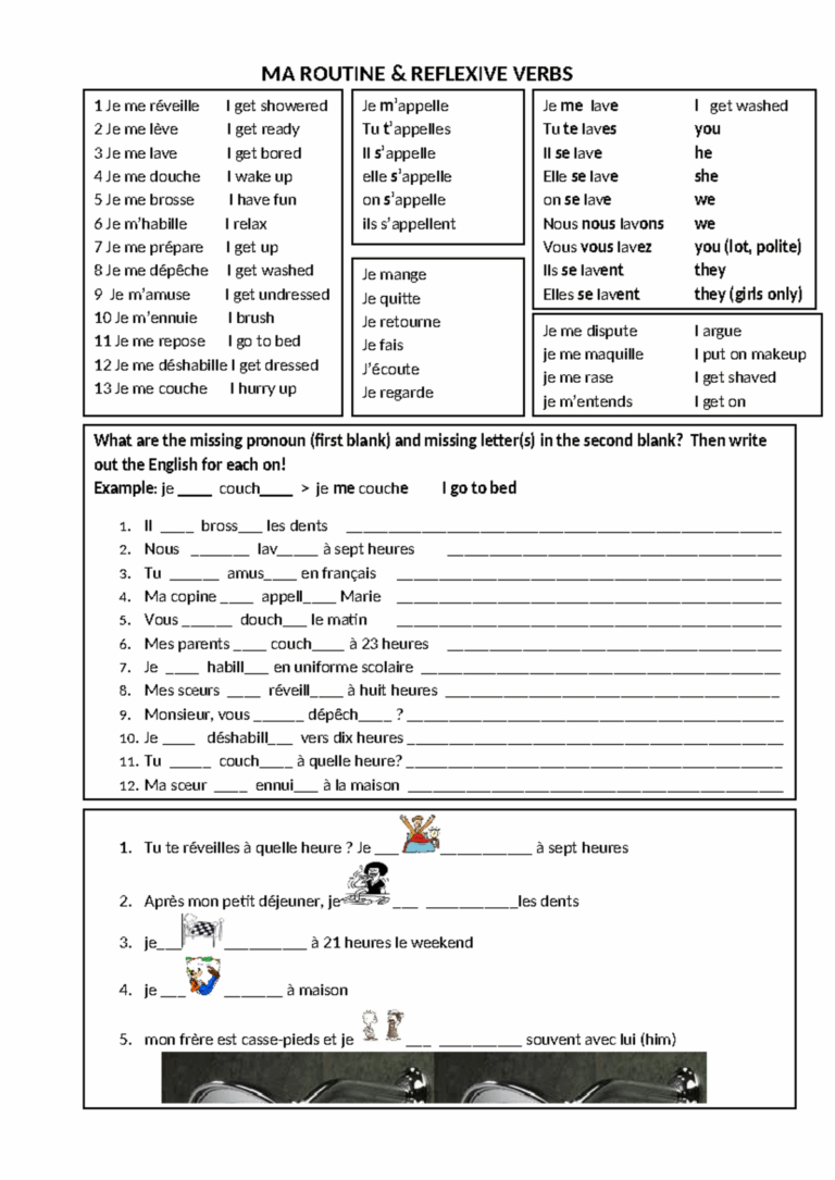 Free Printable French Reflexive Verbs Worksheet - Worksheets Template Free