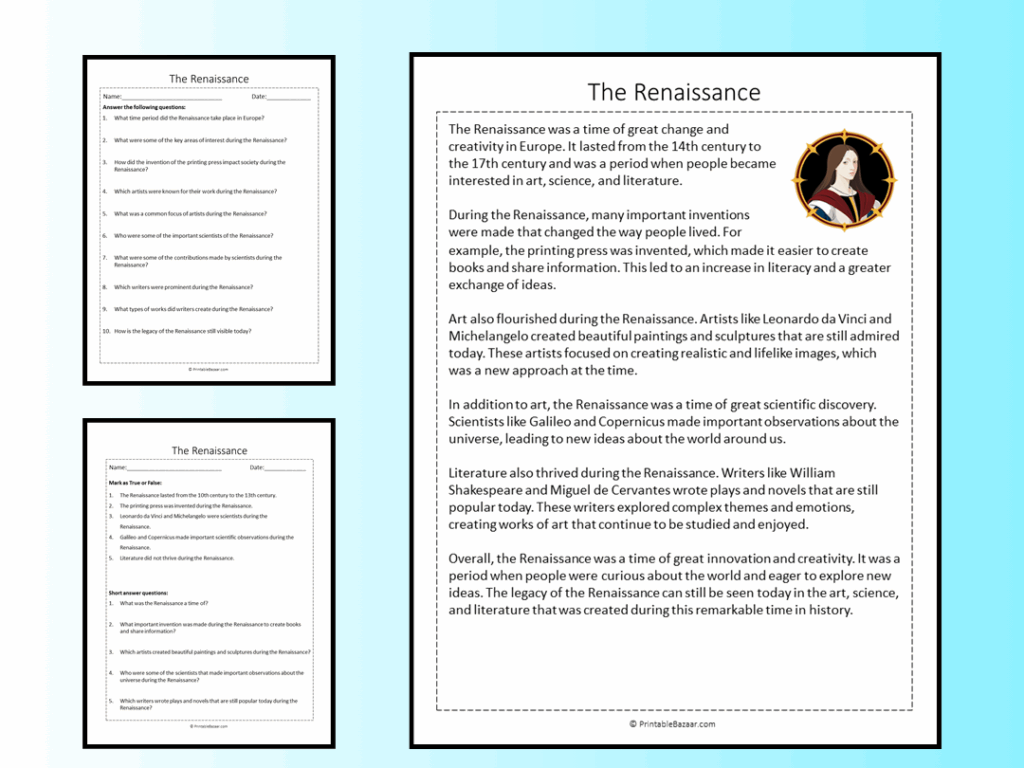 Renaissance Reading Comprehension Worksheets Pdf - Worksheets Template Free