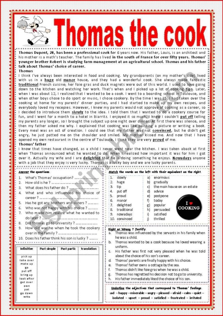 Cooking Reading Comprehension Worksheets - Worksheets Template Free