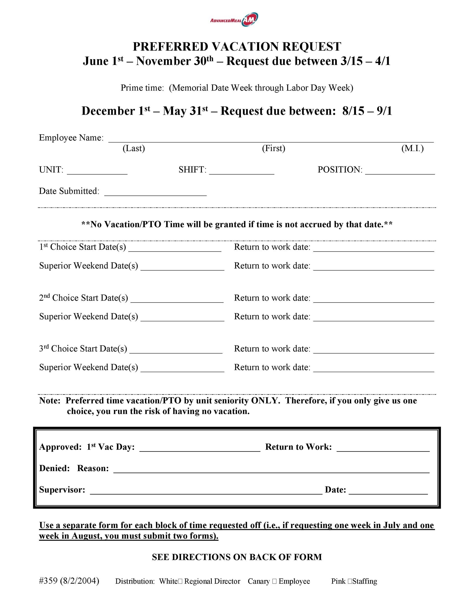 Printable Vacation Request For Preschool - Worksheets Template Free