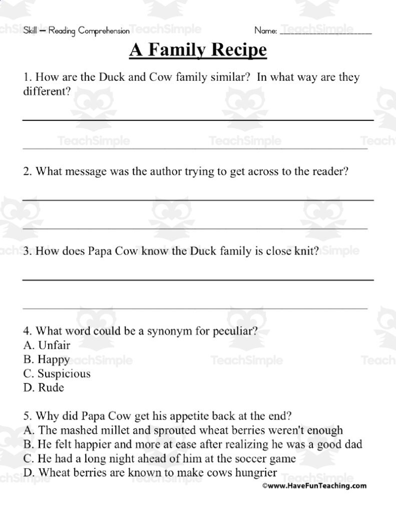 Recipe Reading Comprehension Worksheets - Worksheets Template Free