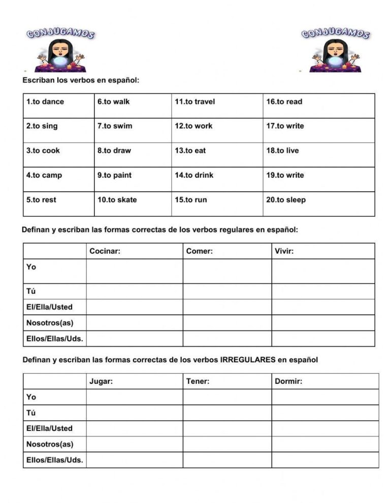 Free Printable Spanish Verb Conjugation Worksheets - Worksheets ...