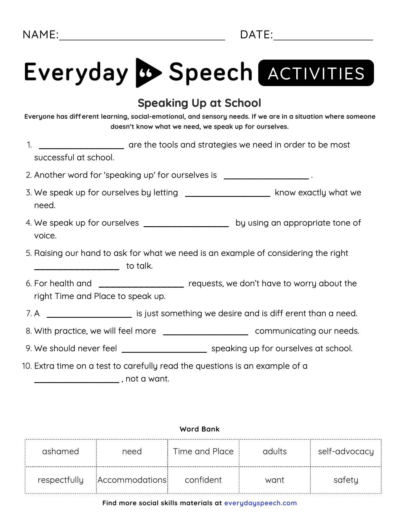 Free Printable Self Advocacy Skills Worksheets - Worksheets Template Free