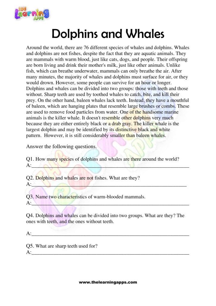 Whales Free Reading Comprehension Worksheets - Worksheets Template Free