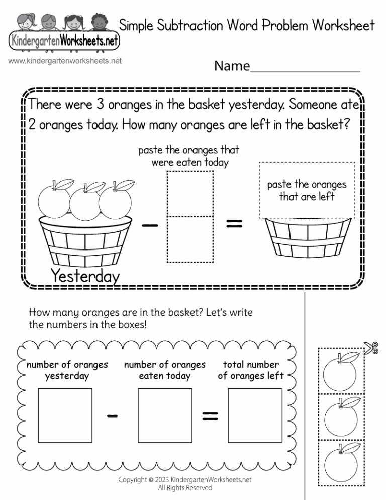 Subtraction Word Problem Worksheets For Kindergarten - Worksheets Template Free