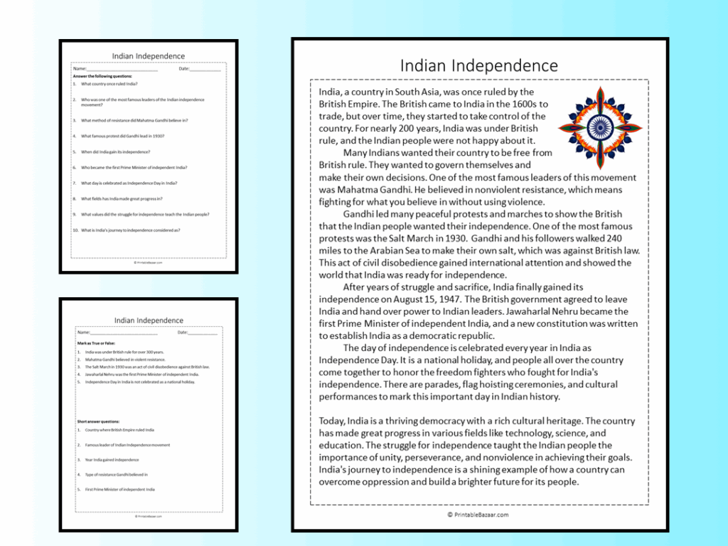 Indian Independence Day Reading Comprehension Worksheet - Worksheets ...
