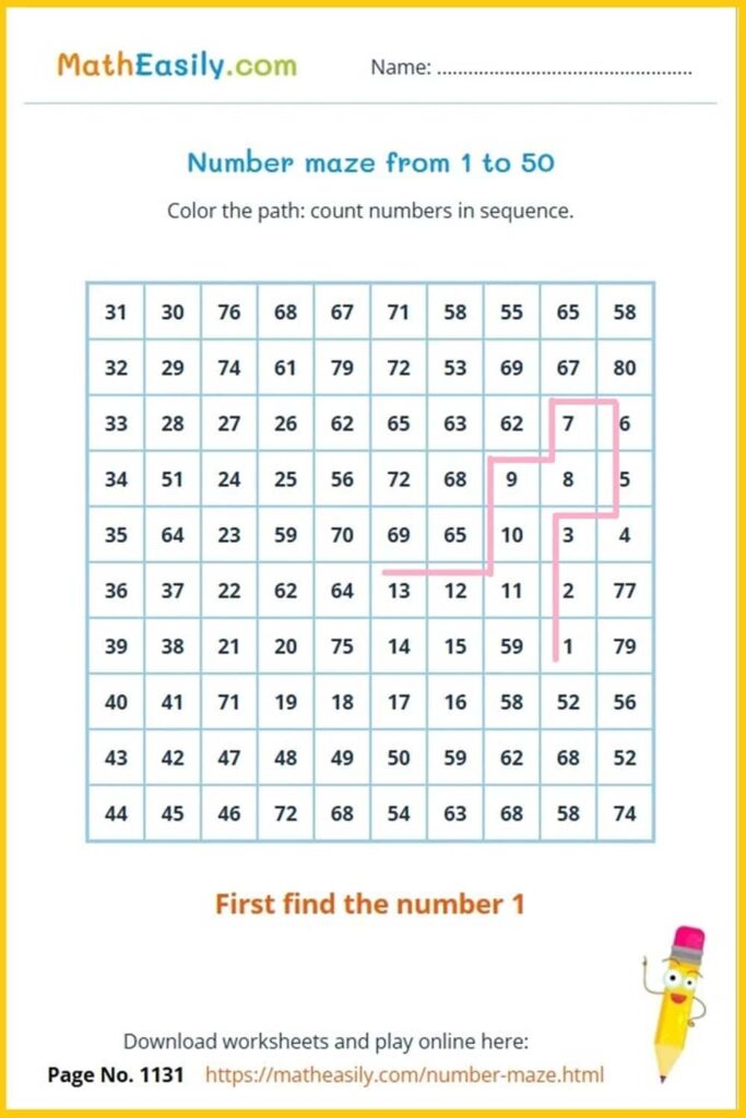 Number Maze 1 Through 50 Worksheets - Worksheets Template Free