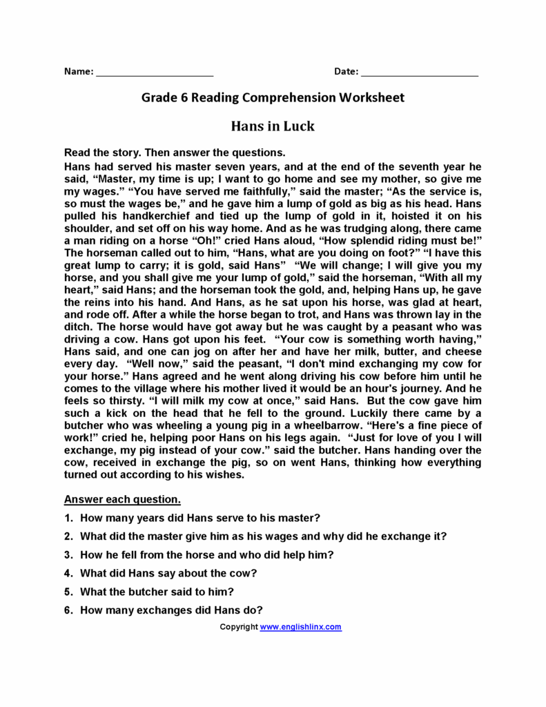 Grade 6 Reading Comprehension Worksheet - Worksheets Template Free