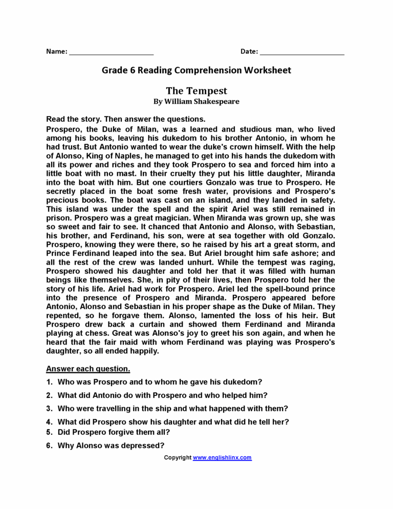 Grade 6 Reading Comprehension Worksheets Pdf - Worksheets Template Free