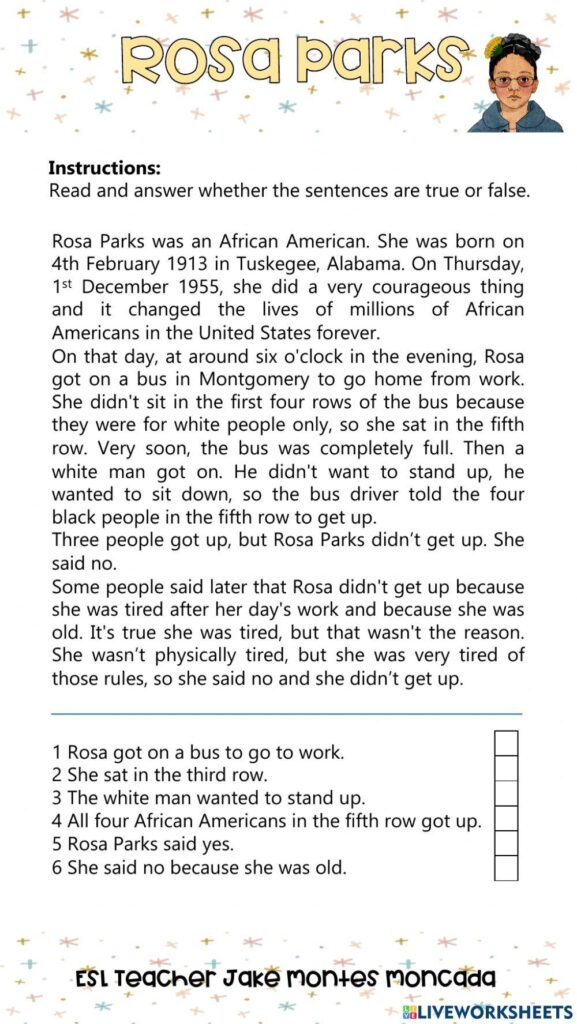 Free Rosa Parks Reading Comprehension Worksheets - Worksheets Template Free