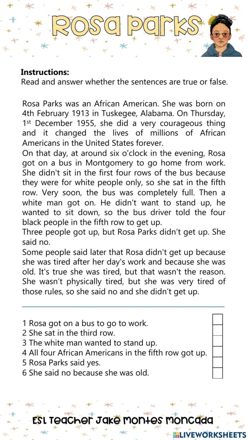 Free Rosa Parks Reading Comprehension Worksheets - Worksheets Template Free