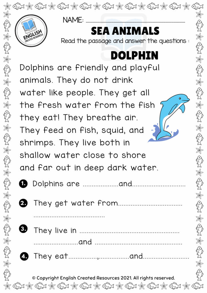 Sea Animals Reading Comprehension Worksheet - Worksheets Template Free