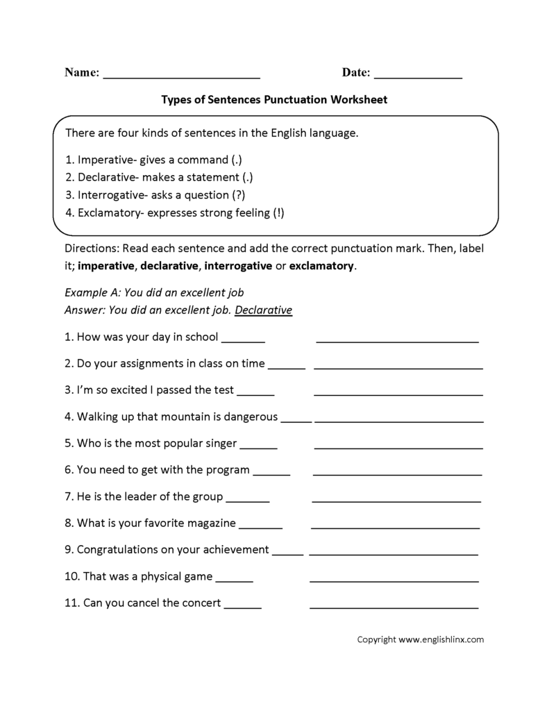 Free Printable Types Of Sentences Worksheets - Worksheets Template Free