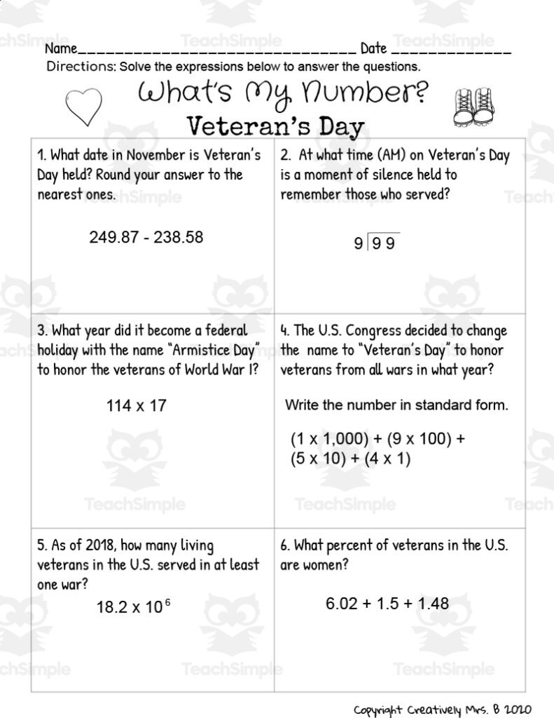 Veterans Day Math Worksheets Pdf - Worksheets Template Free