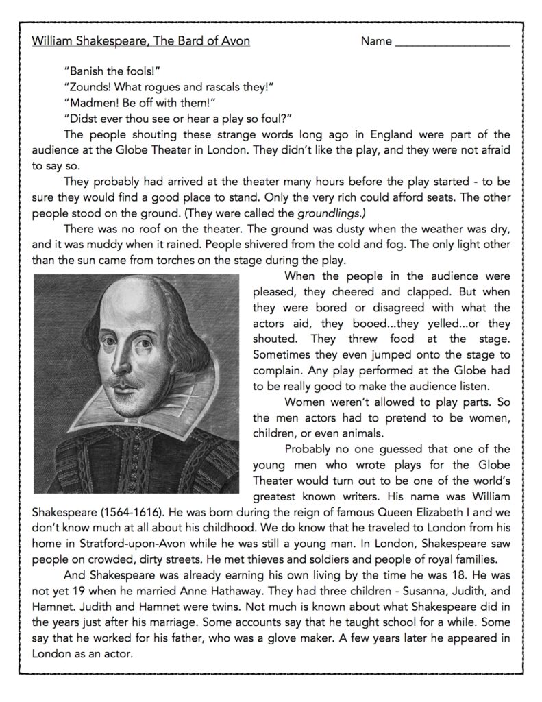 William Shakespeare Reading Comprehension Worksheet - Worksheets ...